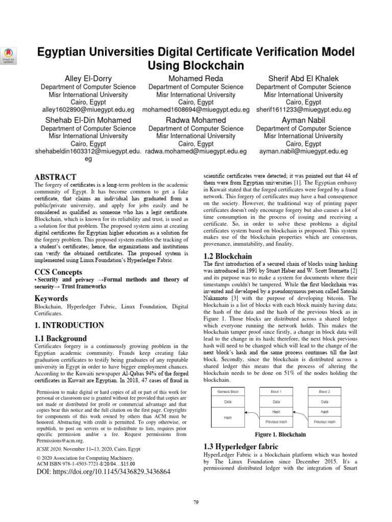 Egyptian Universities Digital Certificate Verification ModelUsing Blockchain | PDF | Computing ...