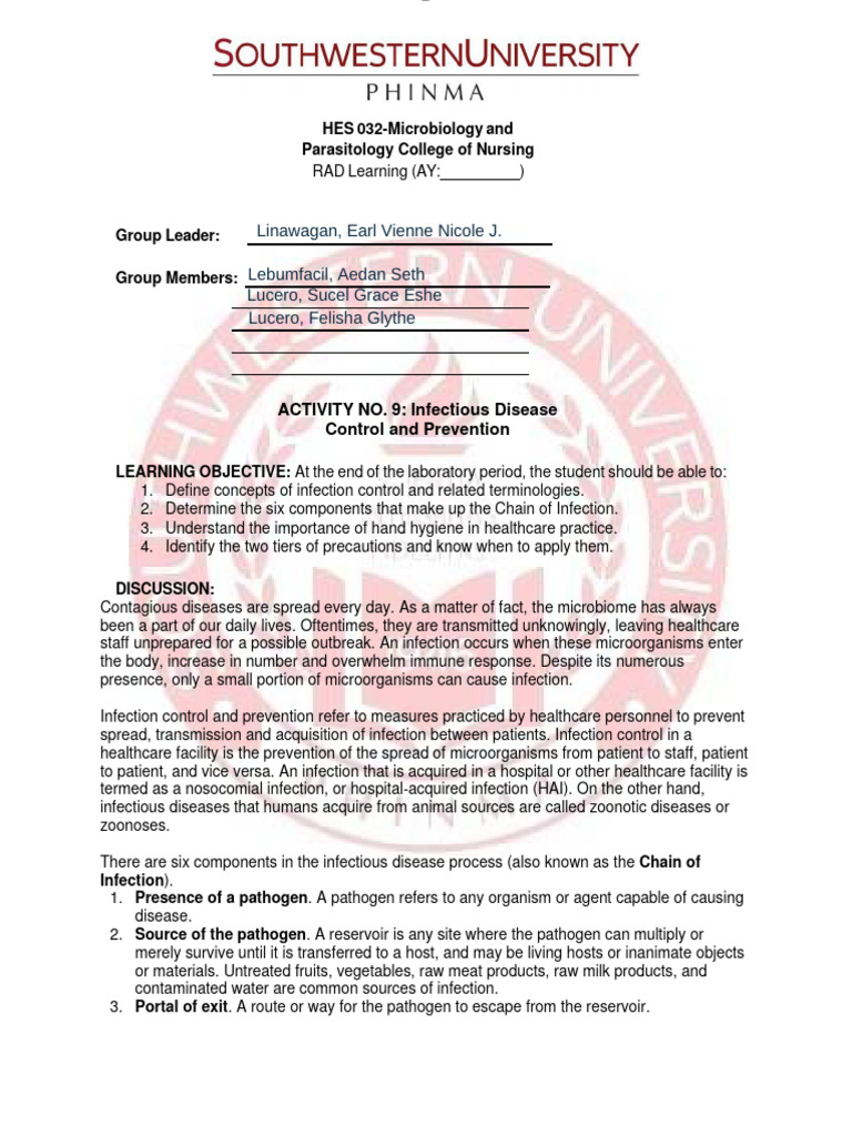 HES 032 BSN Lab Activity 9 | PDF | Infection | Hygiene