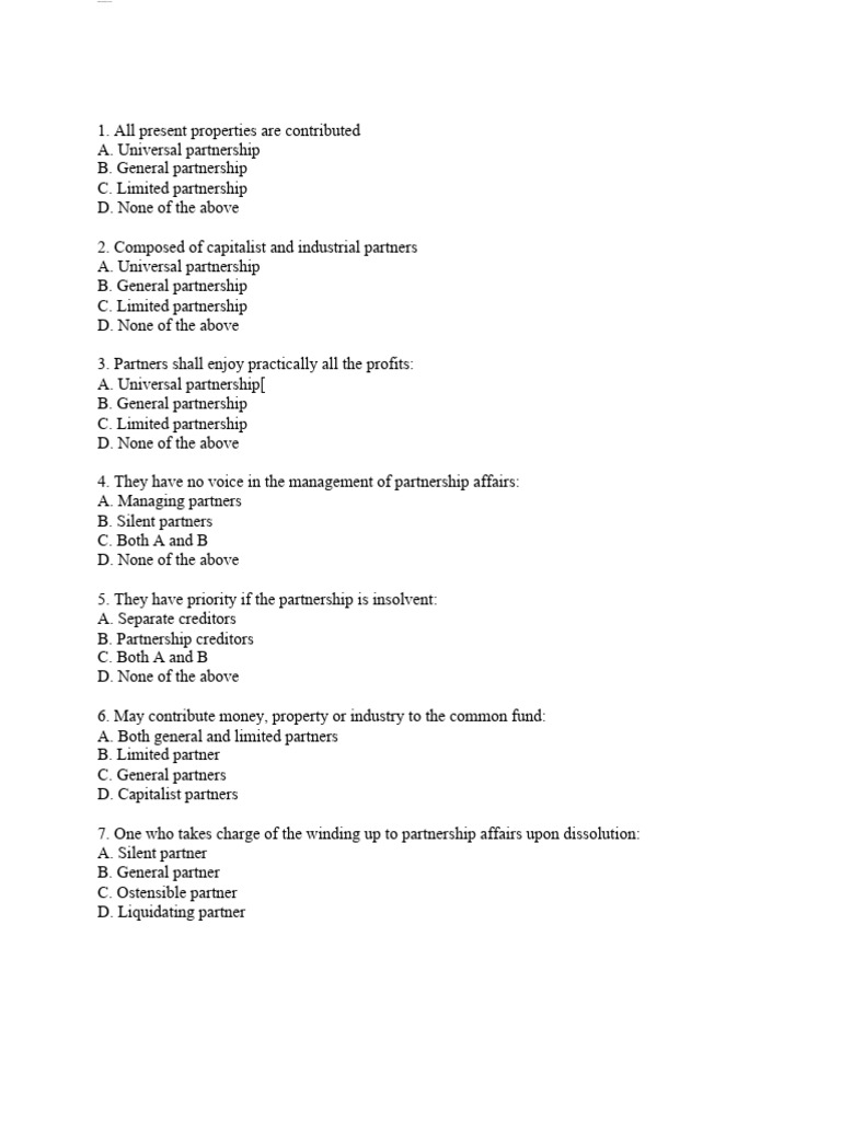 Law On Partnership Questionnaire | PDF | Partnership | Limited Partnership