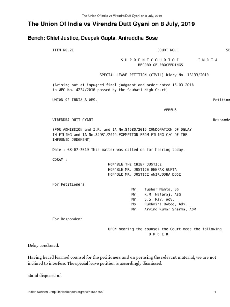 The Union of India Vs Virendra Dutt Gyani On 8 Jul 240804 144358 | PDF | Separation Of Powers ...