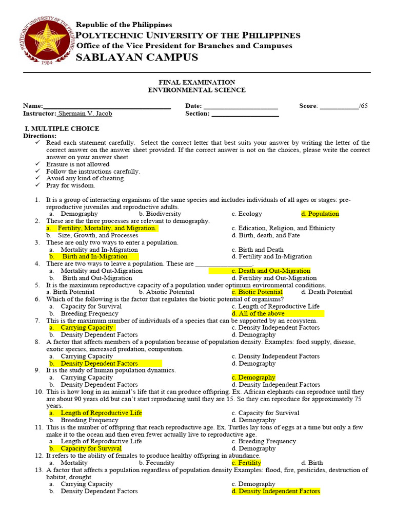 Final Exam Environmental Science FFFF Answer Key | PDF | Sustainability ...