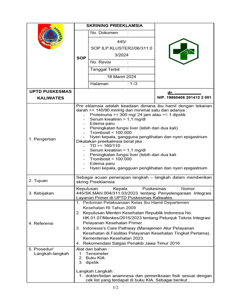Sop Skrining Preeklamsia | PDF | Sains & Matematika
