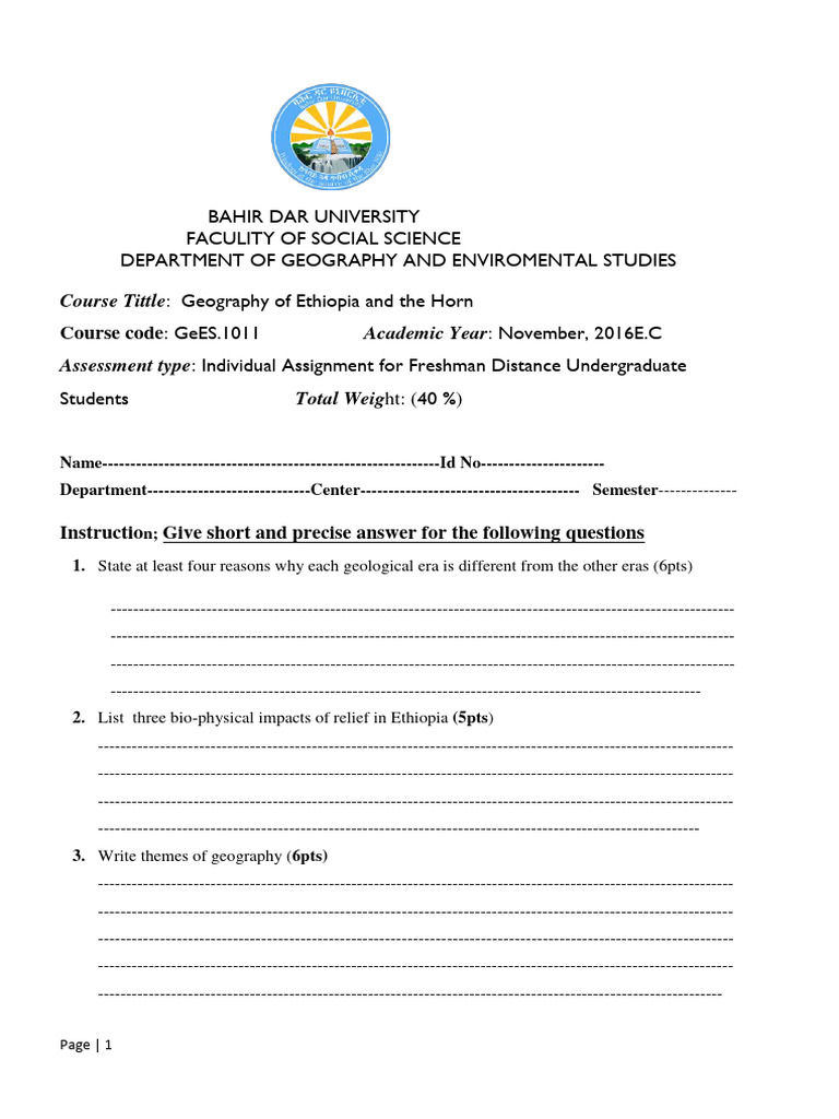 Gees 1011 Geography of Ethiopia and The Horn GeES 1011 Assignment | PDF ...
