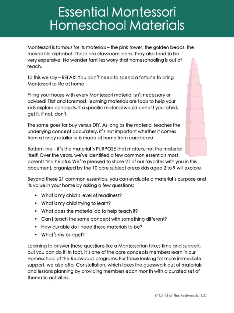Essential Montessori Materials Checklist | PDF