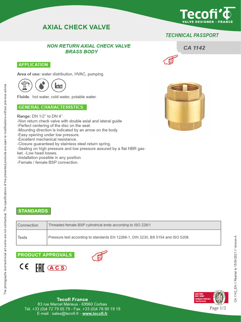 Tecofi CA 1142 Check Valve Specs | PDF | Valve | Equipment