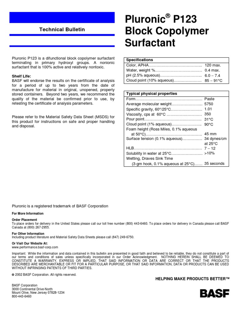 Pluronic P123 Block Copolymer Surfactant: Technical Bulletin