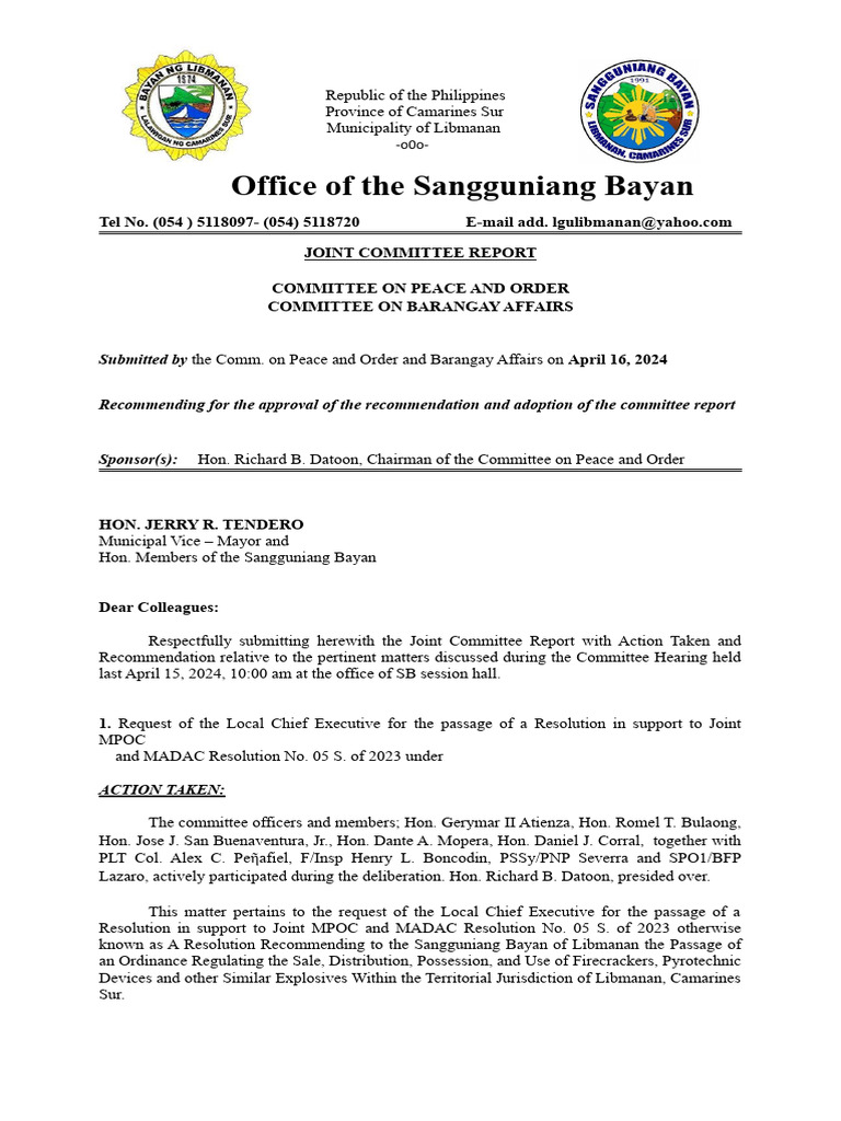 Datoon.04.15.2024 Report Comm On Peace and Order. Brgy Affairs | PDF | Government | Governance