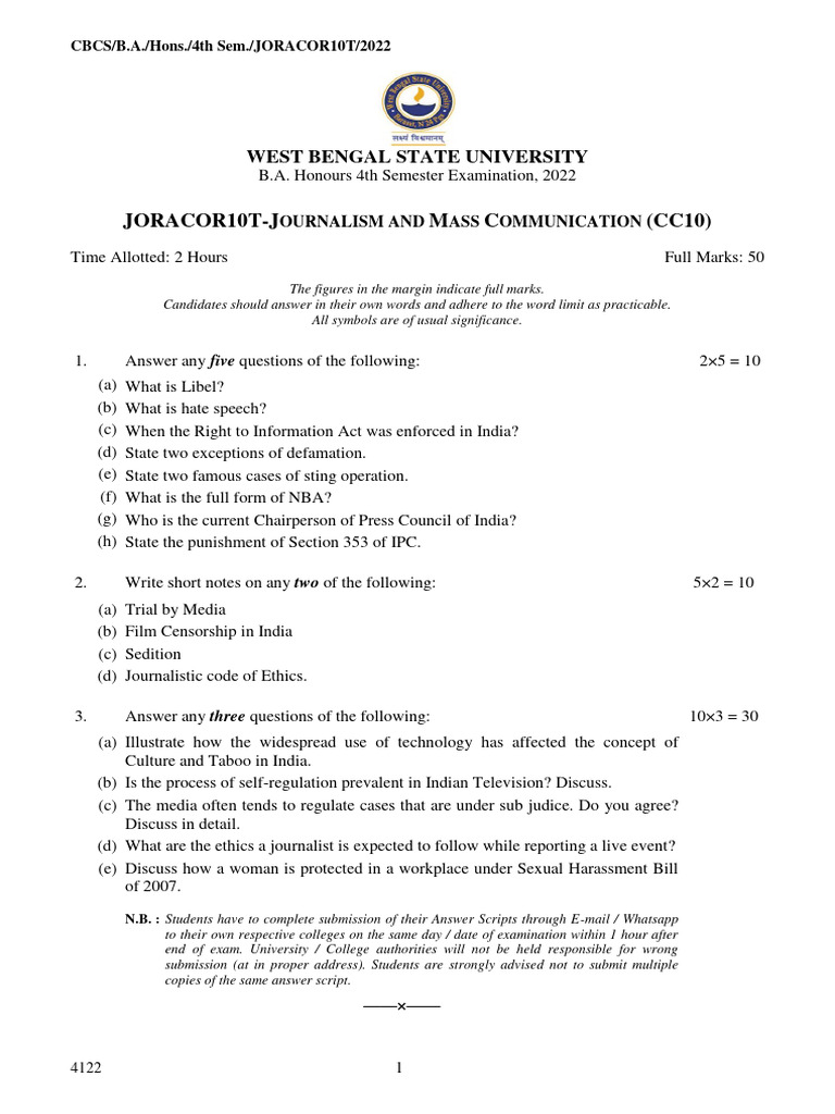 Journalism and Mass Communication cc10 Wbsu Question Paper | PDF | Defamation | Civil Rights And ...