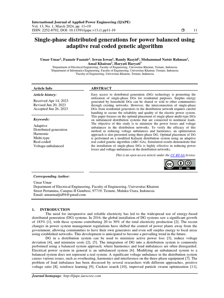Single-Phase Distributed Generations For Power Balanced Using Adaptive Real Coded Genetic ...