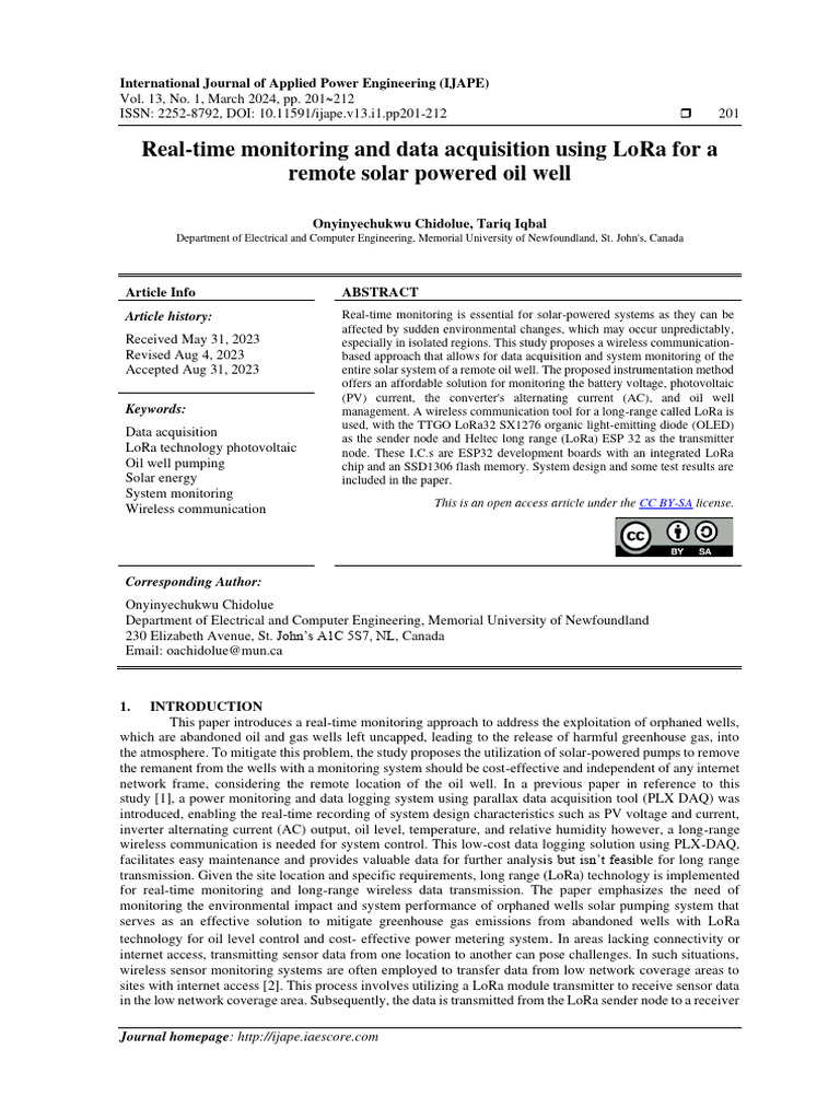 Real-Time Monitoring and Data Acquisition Using LoRa For A Remote Solar Powered Oil Well | PDF ...