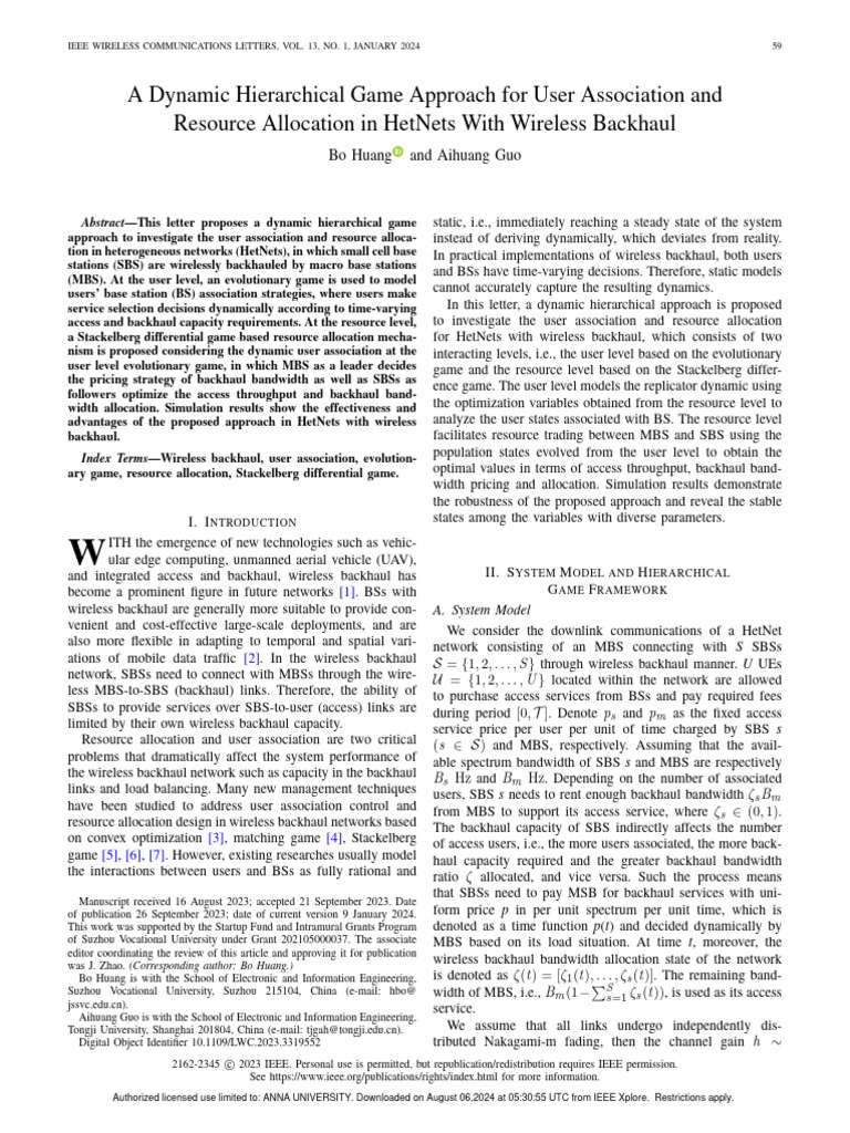 A Dynamic Hierarchical Game Approach For User Association and Resource Allocation in HetNets ...