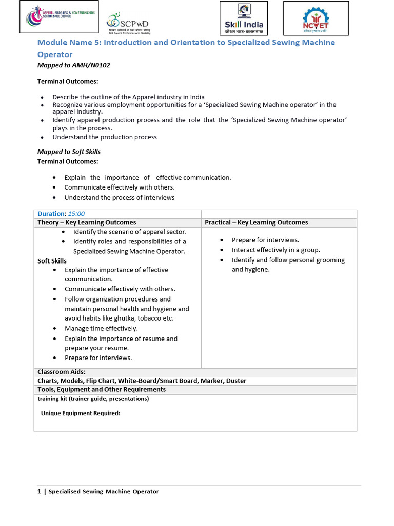 SPECIALISED SEWING MACHINE OPERATOR 270 Hrs | PDF | Sewing | Sewing Machine