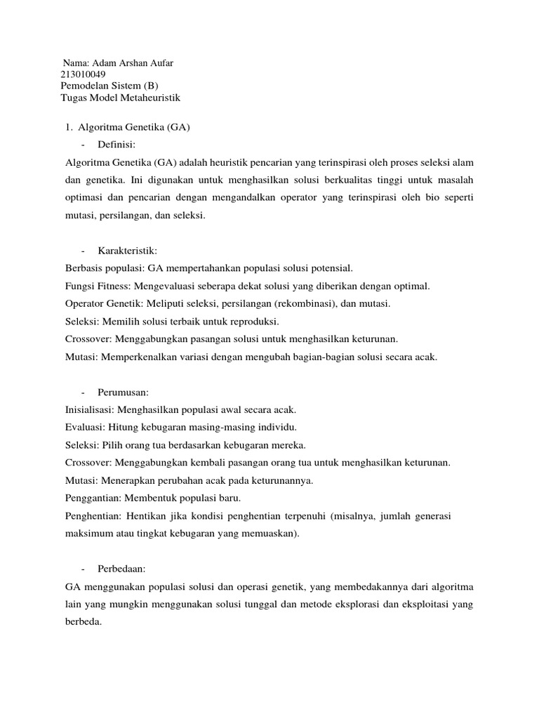 Pemodelan Sistem Model Metaheuristik - Satria Adi Nugraha - 213010049 | PDF