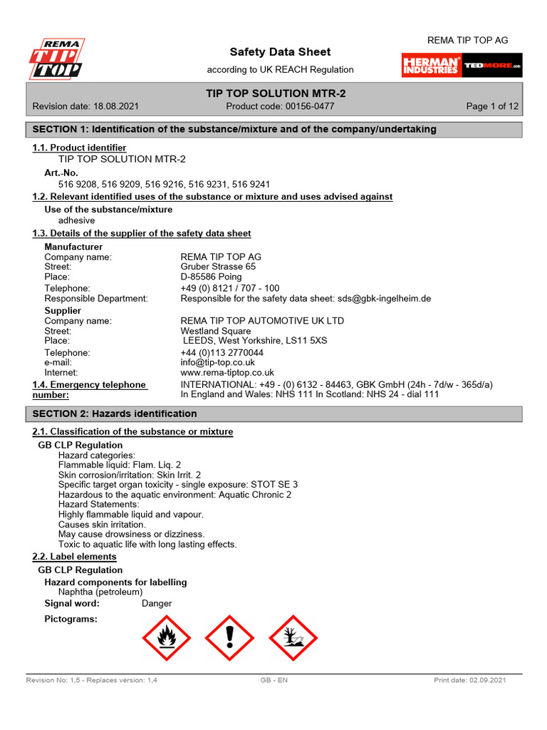 Safety Data Sheet for MTR-2 Solution | PDF | Carbon Dioxide | Firefighting