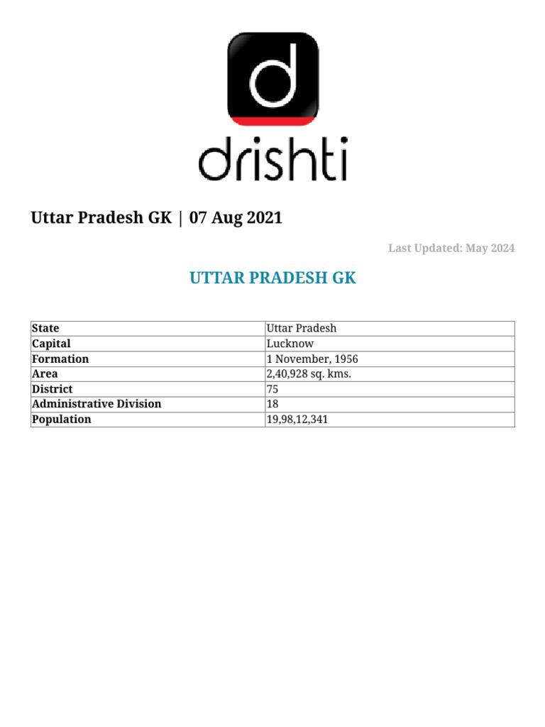 Uttar Pradesh GK Overview and Insights | PDF