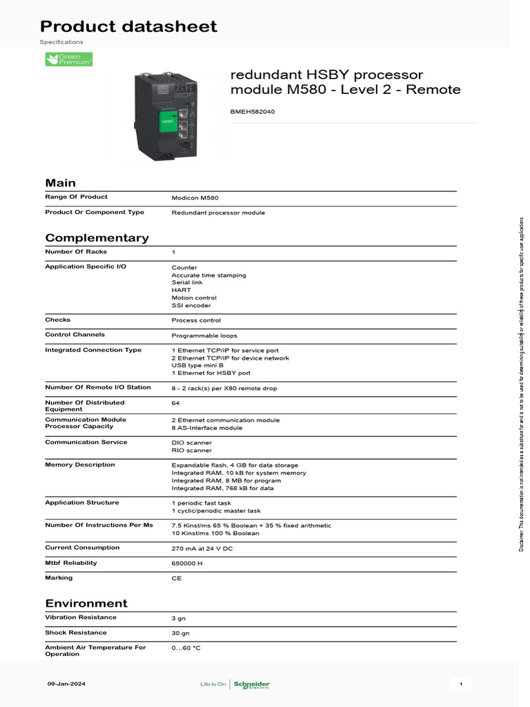 Schneider Electric - Modicon-M580EPA-controller-Safety-PLC - BMEH582040 ...