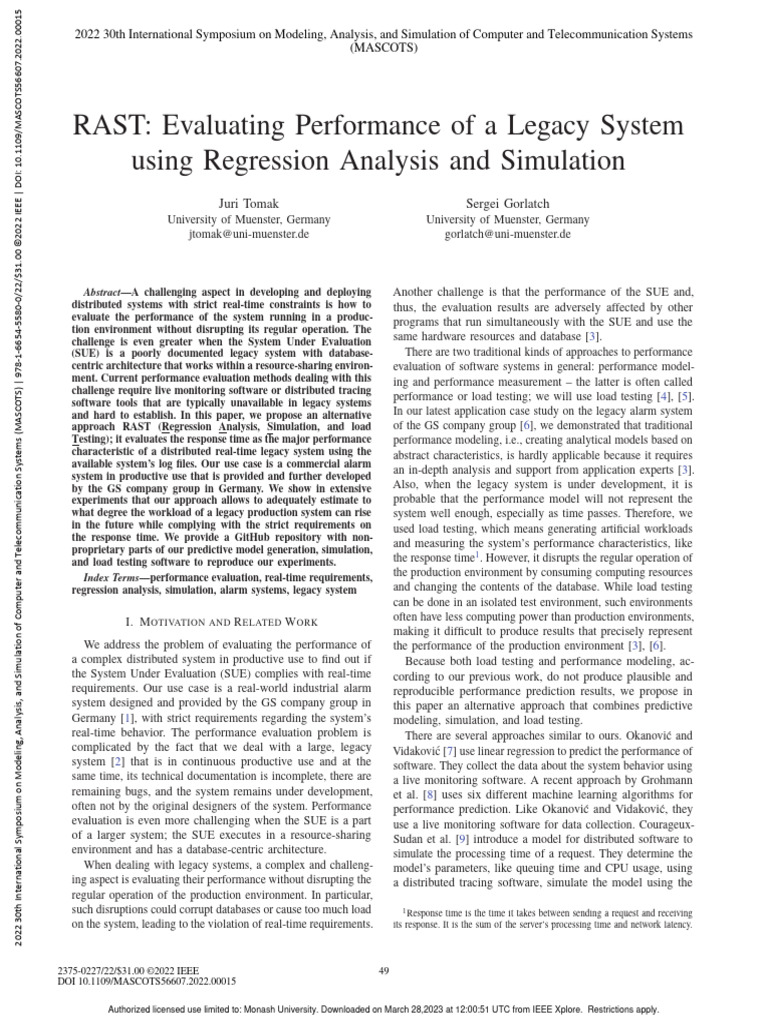 RAST Evaluating Performance of A Legacy System Using Regression Analysis and Simulation | PDF ...