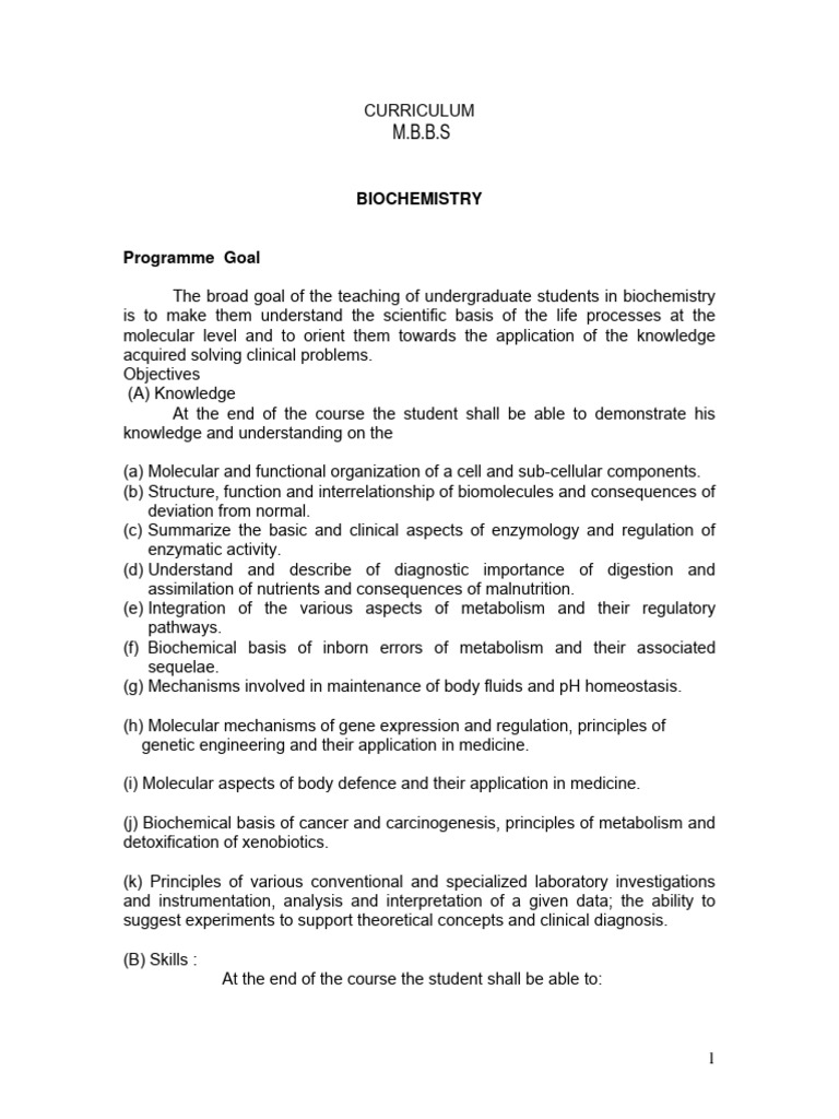 Curriculum M B B S Biochemistry Pdf Metabolism Molecular Biology