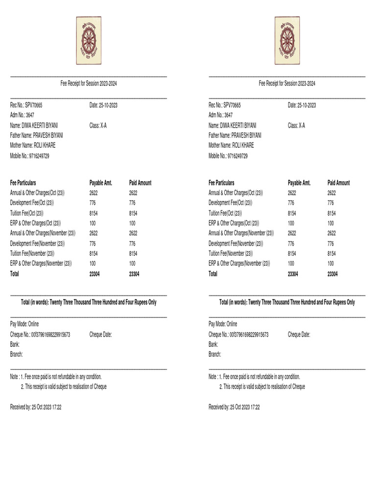Fee Receipt | PDF | Cheque | Fee