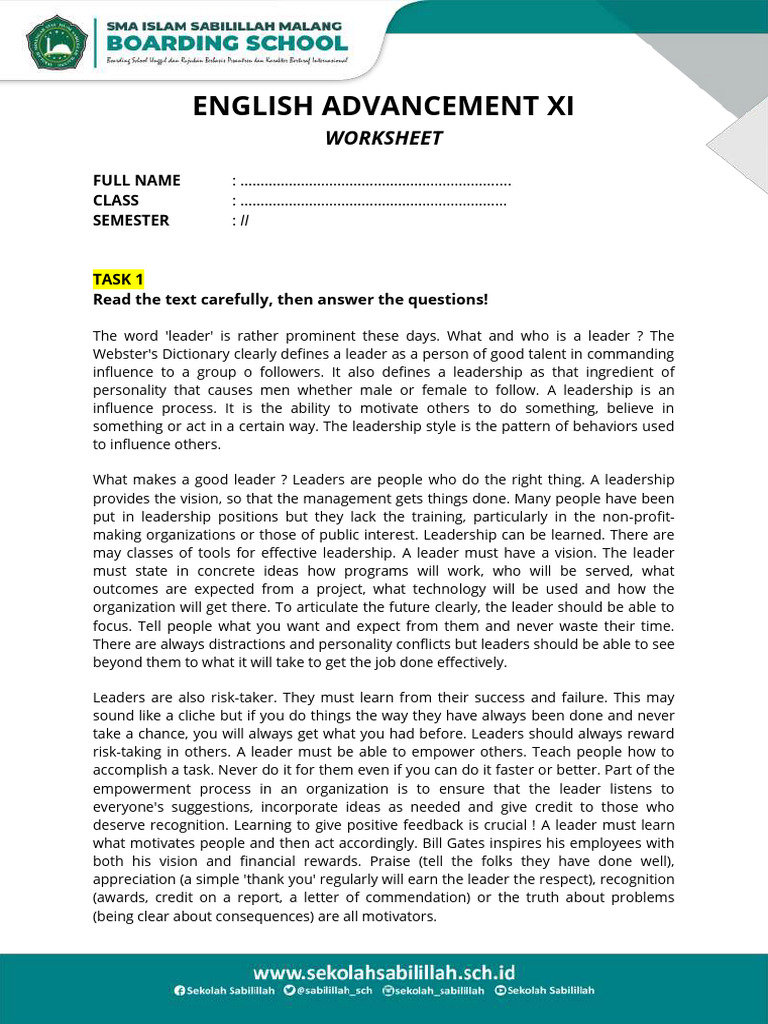 Bhs Inggris Penguatan (BAP) XI_Worksheet Leadership | PDF | Leadership | Paragraph