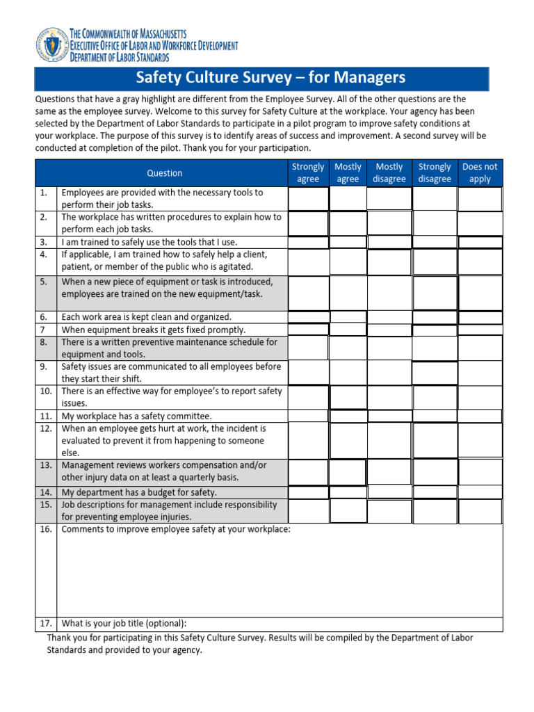 Safety Culture Survey - For Managers | PDF