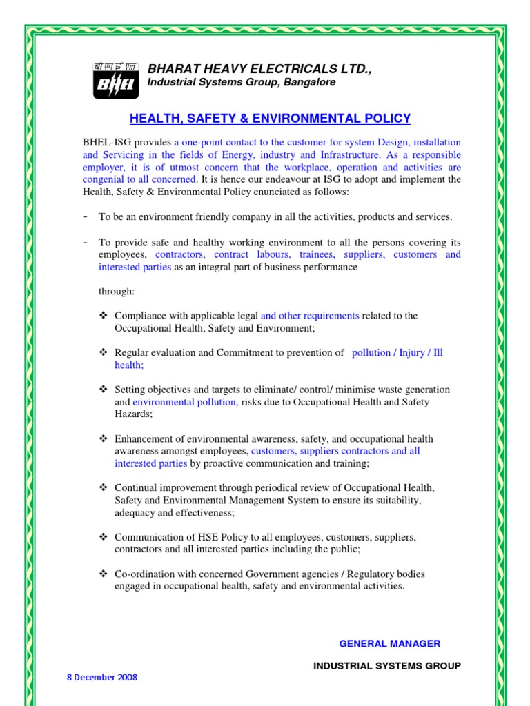 HSE Policy for Industrial Systems Group | PDF | Business | Finance ...