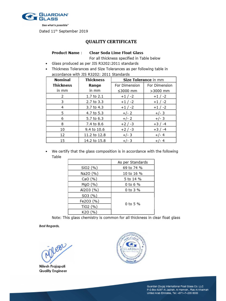 Quality Certificate for Float Glass | PDF | Technology & Engineering