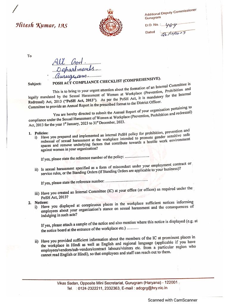 PoSH Act Checklist - Gurgaon DO 2023 | PDF
