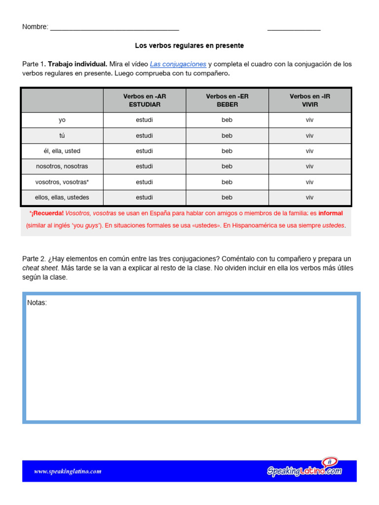 Conjugación De Verbos Regulares En Presente Pdf Artes Del Lenguaje