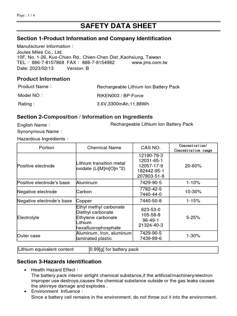 SDS NCR18650GA 1S1P (BP-Force For GX-Force) (2023) | PDF | Lithium Ion ...