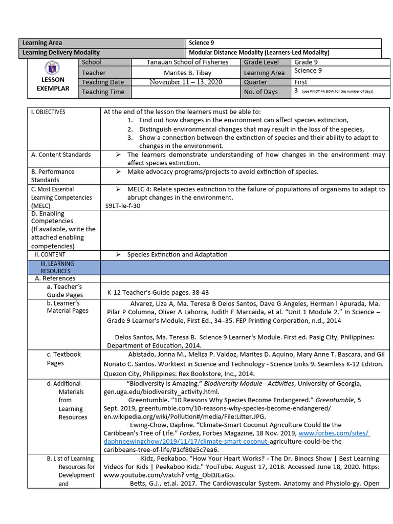 Validated - S GR. 9 LE SCIENCE MELC 4 M.Tibay | PDF | Habitat ...