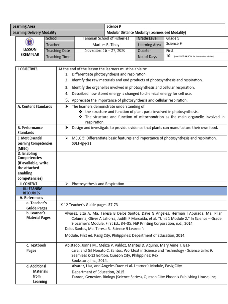 Validated - S GR9 1 LE G9 SCIENCE MELC 5 M.Tibay | PDF | Photosynthesis | Cellular Respiration