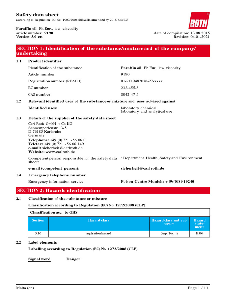 OLI PARAFIN 2021 MSDS 01 | PDF | Dangerous Goods | Toxicity