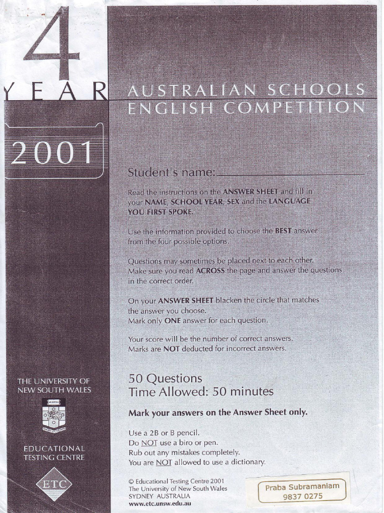 Australian Schools Competition English 2001 | PDF | Home & Garden