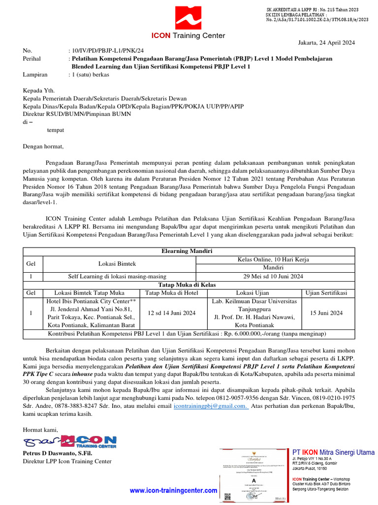 PNK - Undangan Pelatihan Dan Ujian Kompetensi PBJP Level 1-1 | PDF | Bisnis