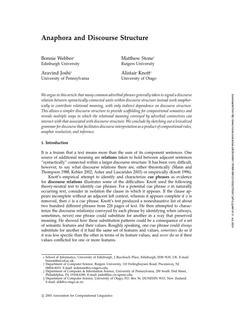 Webber, B., Stone, M., Joshi, A., & Knott, A. (2003) - Anaphora and Discourse Structure ...