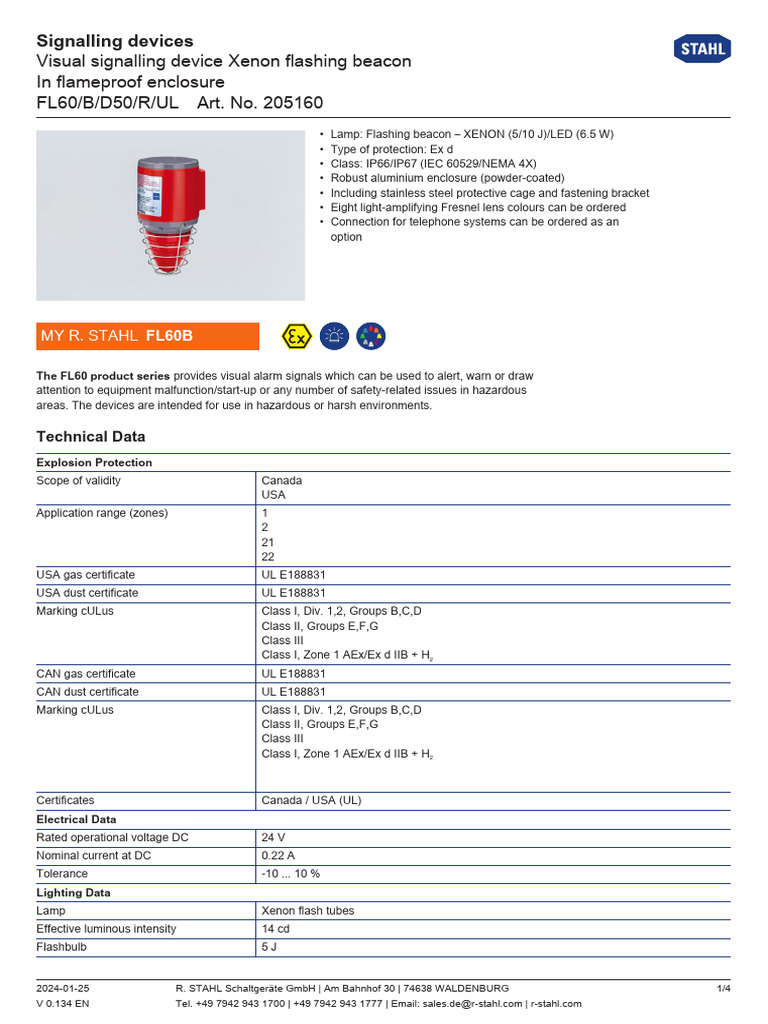 Ex Single Data Sheet Visual Signalling Device Xenon Flashing Beacon in ...