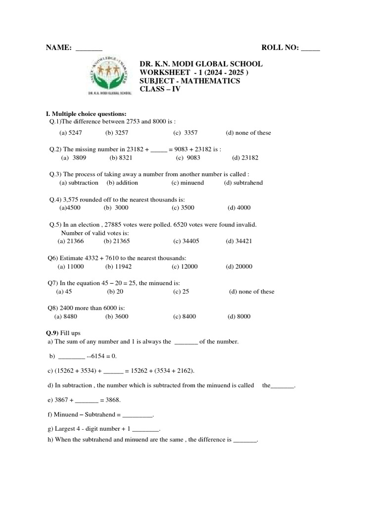 Mathematics Class - 4 TH Worksheet - 1 | PDF | Subtraction | Mathematics
