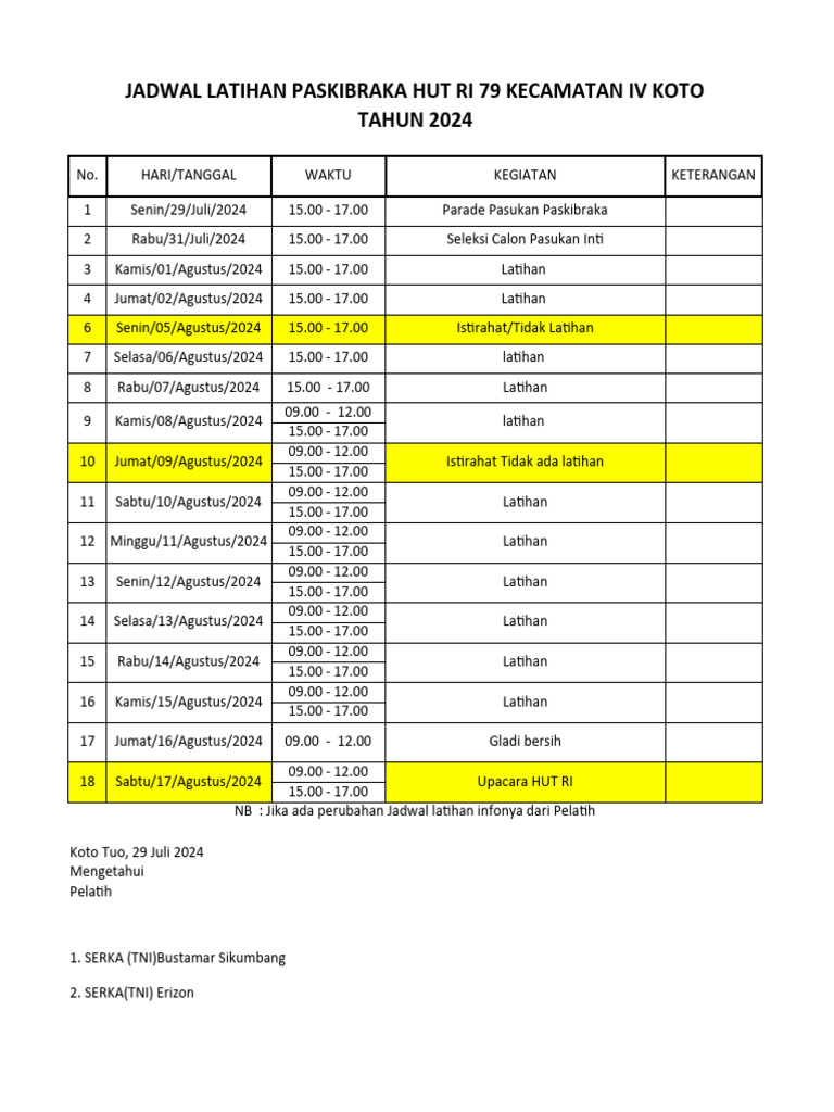 Jadwal Latihah Paskibraka HUT RI 79 | PDF