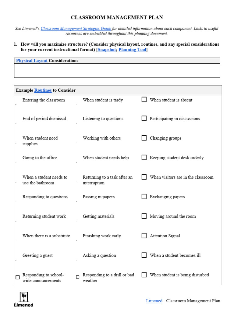 Limened Classroom Management Plan Template | PDF | Classroom Management | Reinforcement