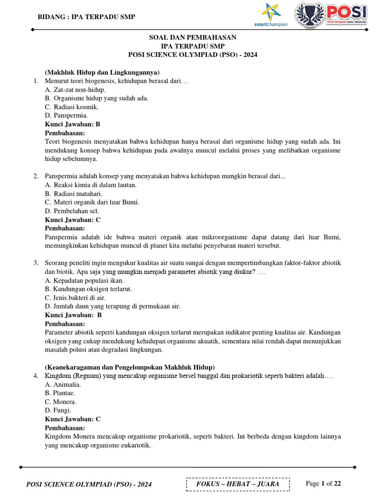 Pembahasan SMP Ipa Terpadu - Posi Science Olympiad (Pso) - 2024 | PDF