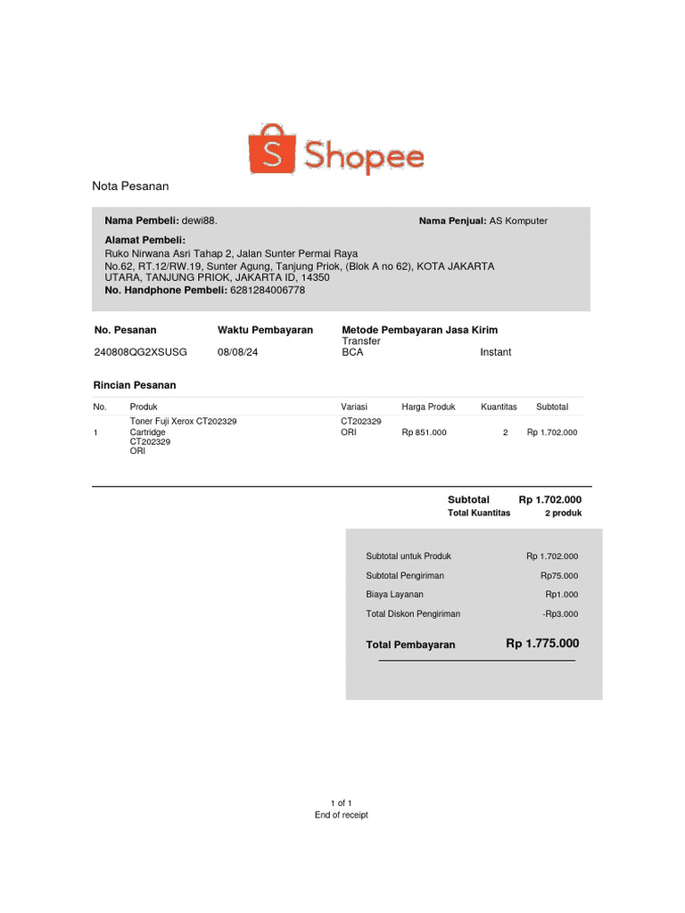 Invoice - Shopee As Komputer Toner Fuji Xerox Cartridge CT202329 Untuk ...