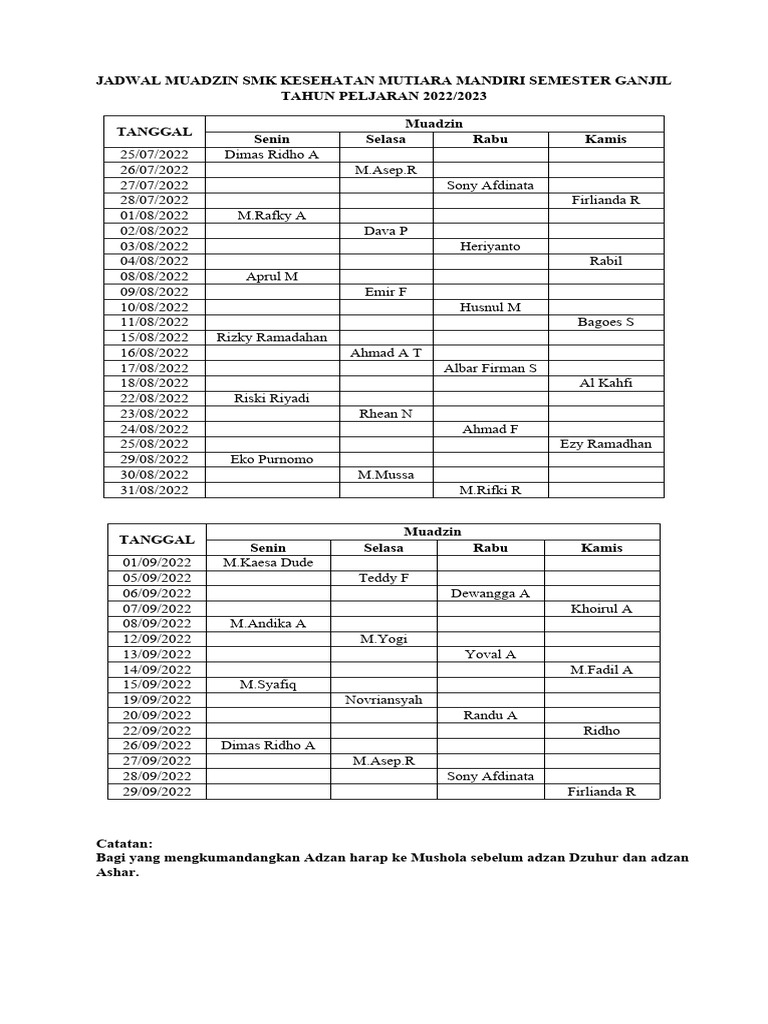 Jadwal Adzan SMK Kes 2022 | PDF
