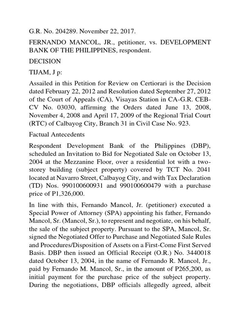 Fernando Mancol, JR., Petitioner, vs. Development Bank of The Philippines, Respondent | PDF ...