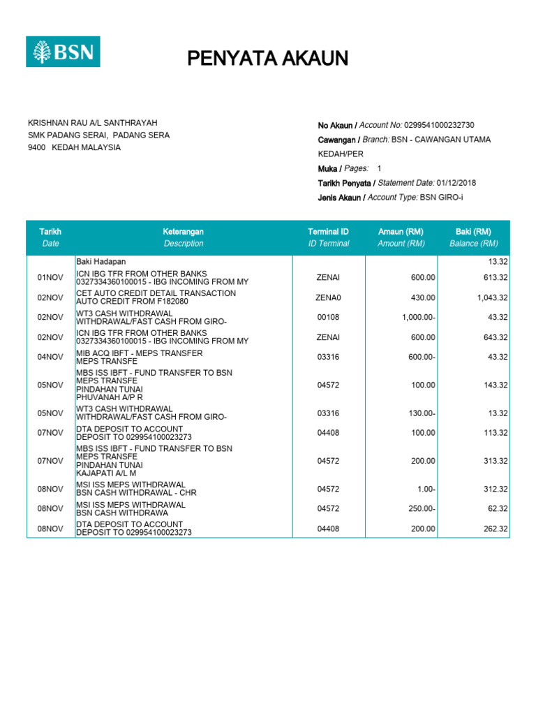 malaysia-bsnbank-statement | PDF | Financial Technology | Finance ...