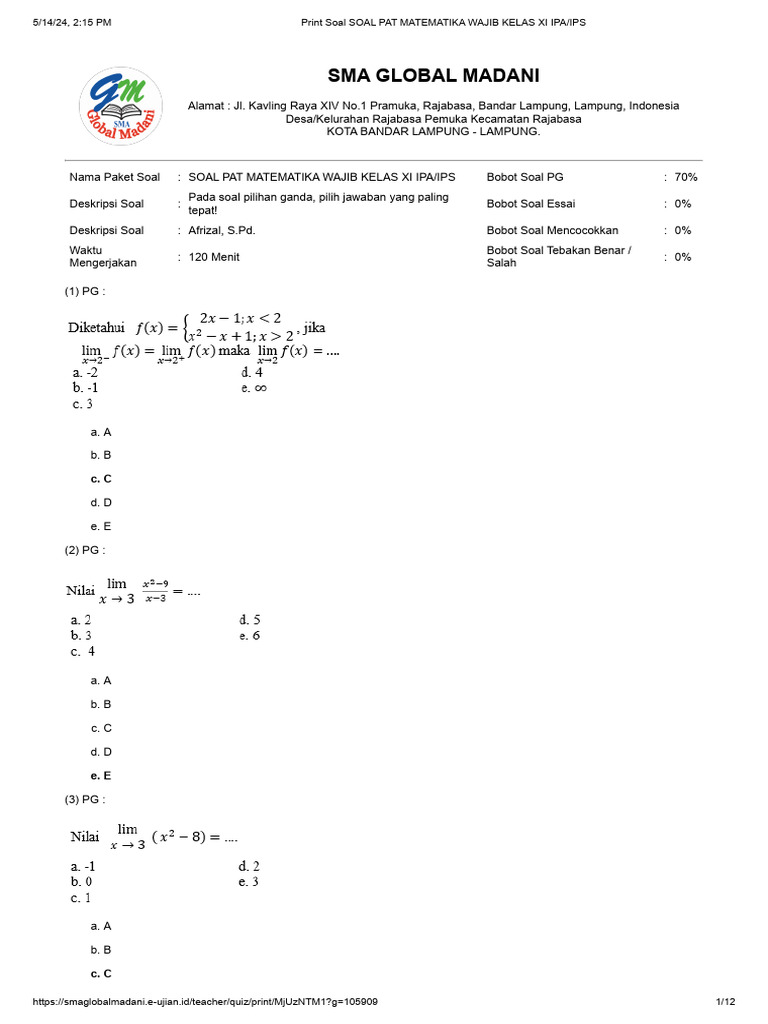 Print Soal SOAL PAT MATEMATIKA WAJIB KELAS XI IPA - IPS | PDF | Indonesia