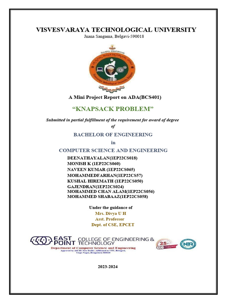 Visvesvaraya Technological University: "Knapsack Problem" | PDF | Time Complexity | Dynamic ...