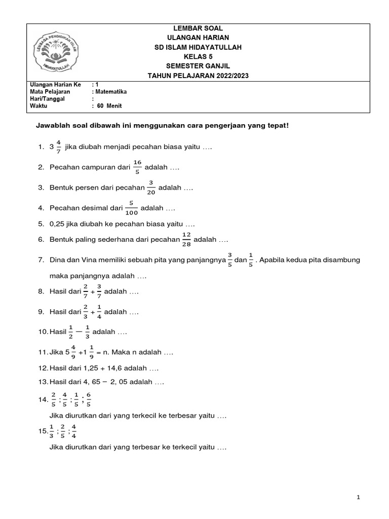 Contoh Lembar Soal UH MTK | PDF
