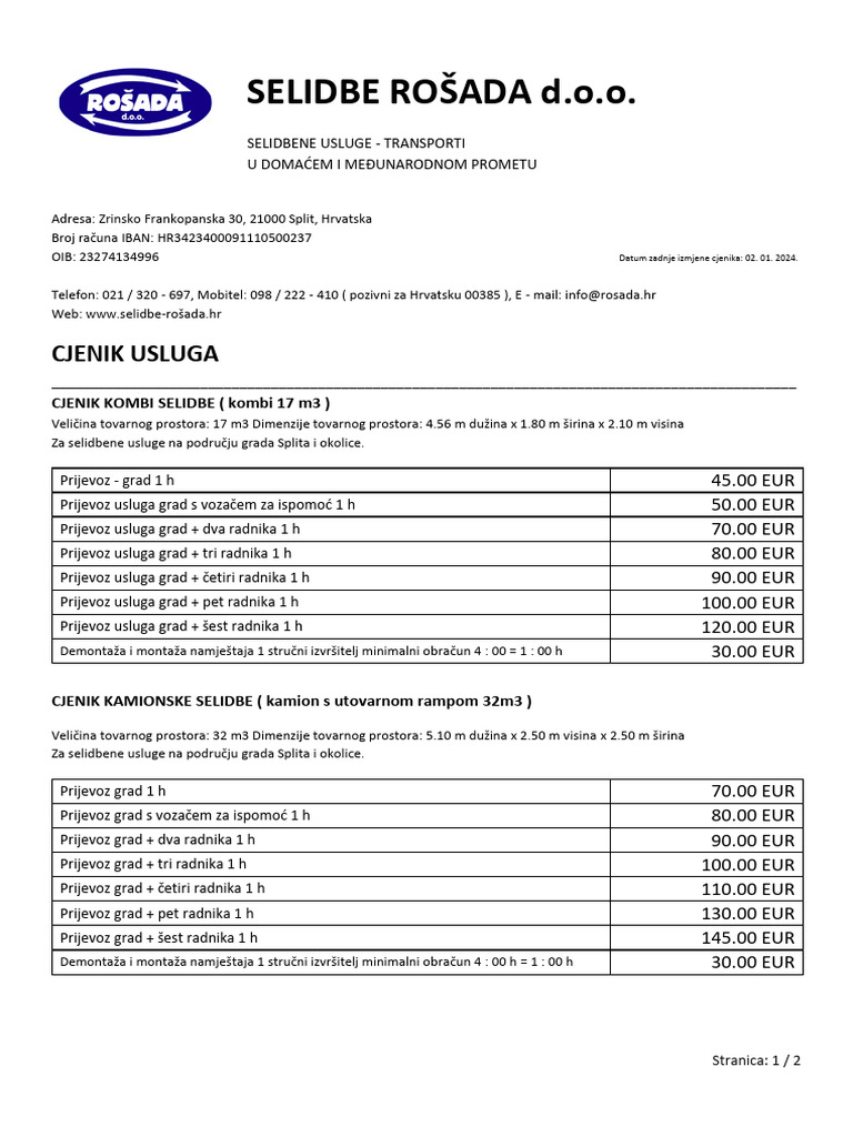 Selidbe Rosada Cjenik | PDF