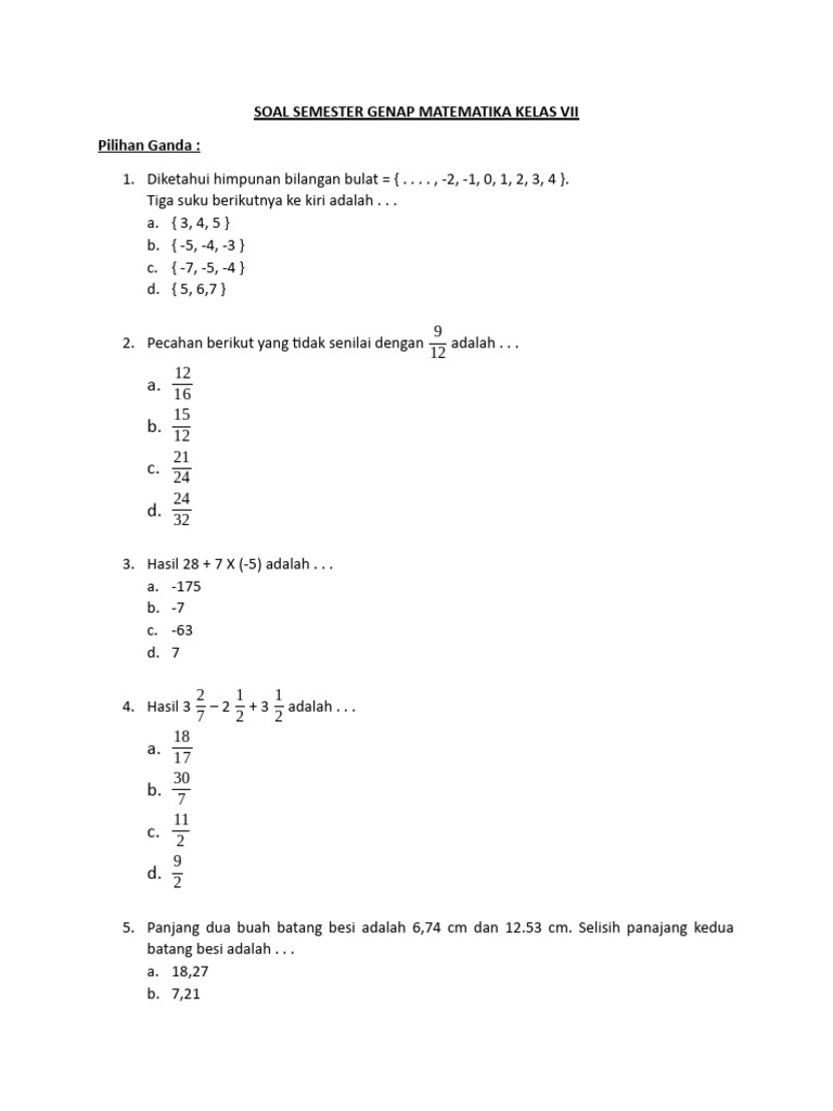 Soal Semester Genap Matematika Kelas Vii | PDF